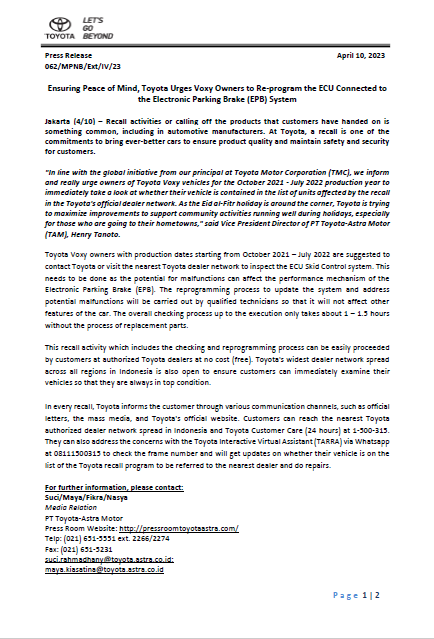 Press Release - Ensuring Peace of Mind, Toyota Urges Voxy Owners to Re ...