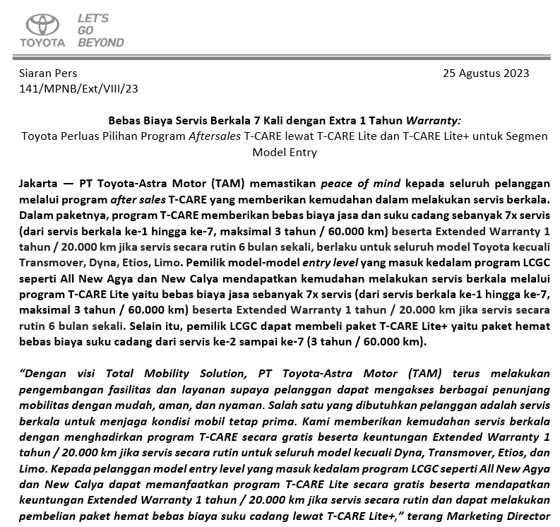 Bebas Biaya Servis Berkala 7 Kali dengan Extra 1 Tahun Warranty | Toyota Pressroom
