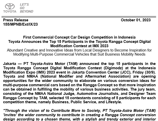 First Commercial Concept Car Design Competition in Indonesia Toyota ...