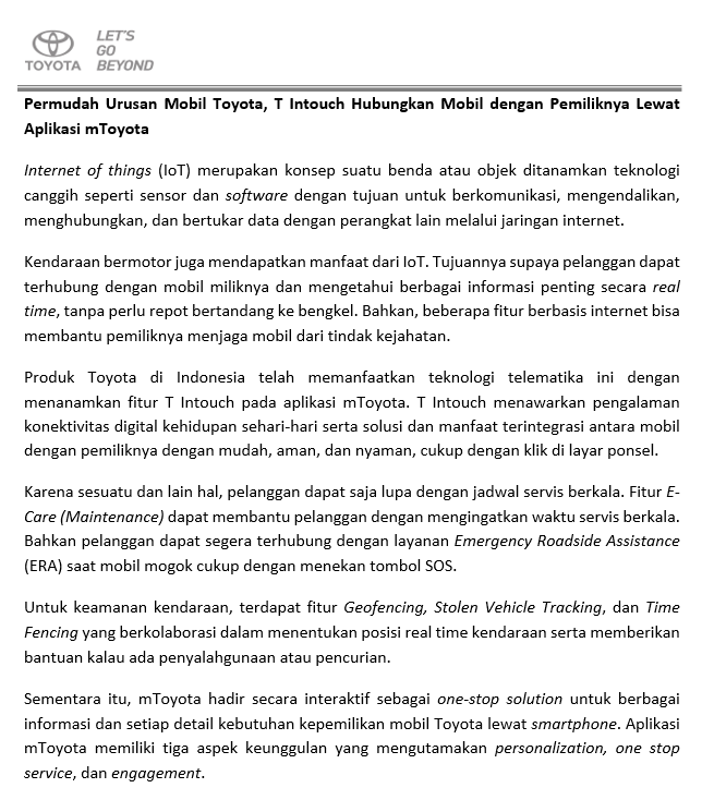 PR 1 NOVEMBER - T INTOUCH DI MOBIL TOYOTA | Toyota Pressroom
