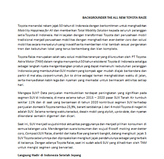 50 TAHUN TOYOTA DI INDONESIA: BERKOMITMEN UNTUK MEMENUHI KEBUTUHAN MOBILITAS MASYARAKAT ...
