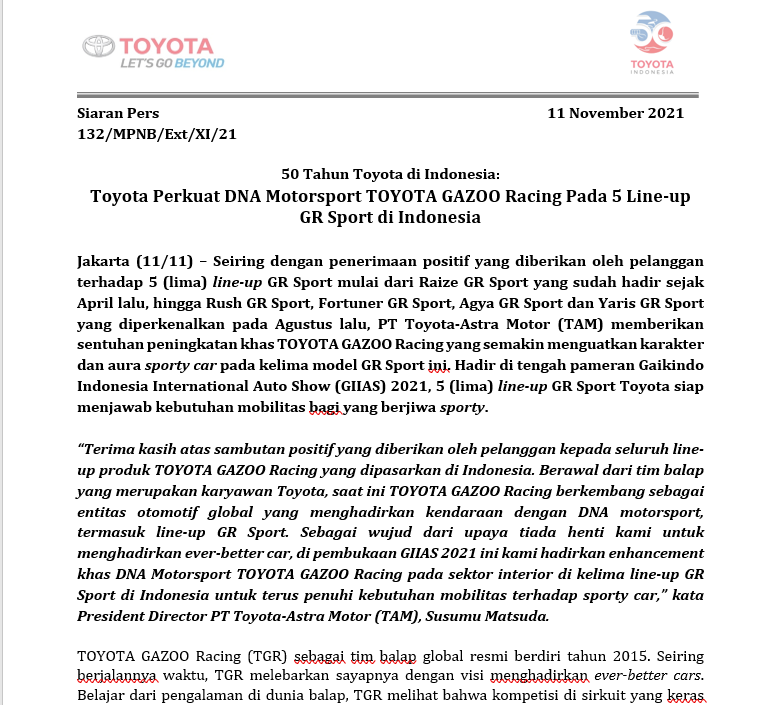 50 Tahun Toyota di Indonesia: Toyota Perkuat DNA Motorsport TOYOTA ...