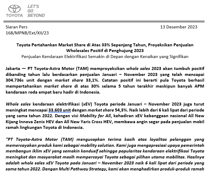 Toyota Pertahankan Market Share di Atas 33% Sepanjang Tahun, Proyeksikan Penjualan Wholesales ...